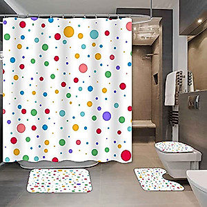 4 Pcs Rainbow Polka Dot Shower Curtain Set, Colorful Abstract Circles Bathroom Sets with Shower Curtain and Rugs, Bath Curtain and Bath Mat, Toilet Lid Cover and U Shaped Rug, 12 Hooks, SETLSSD265