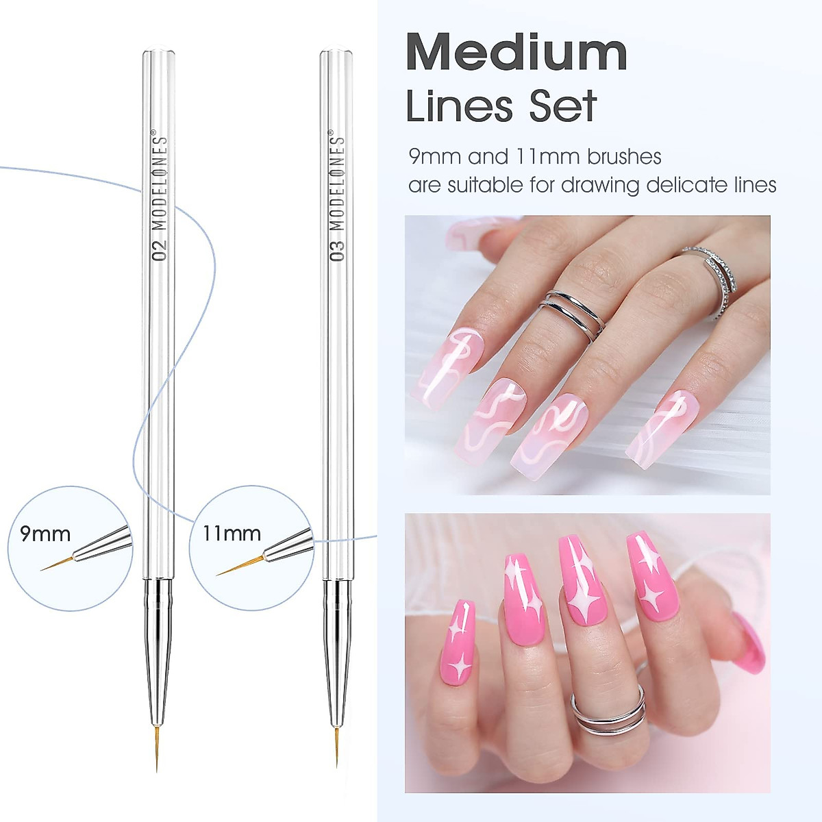 Modelones Nail Art Brushes, Liner Brushes 5Pcs Thin Nail Brush Set for Nail Art Nails Gel Polish Painting Designs with Hexagonal Shape Easy Hold 5/7/9/11/20mm