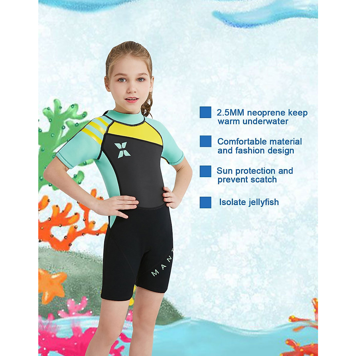 DIVE & SAIL Kids Shorty Suit Short Sleeve Warm Wetsuit 2.5mm Diving Suit Full Suit Back Zipper One Piece Swimsuit Green S