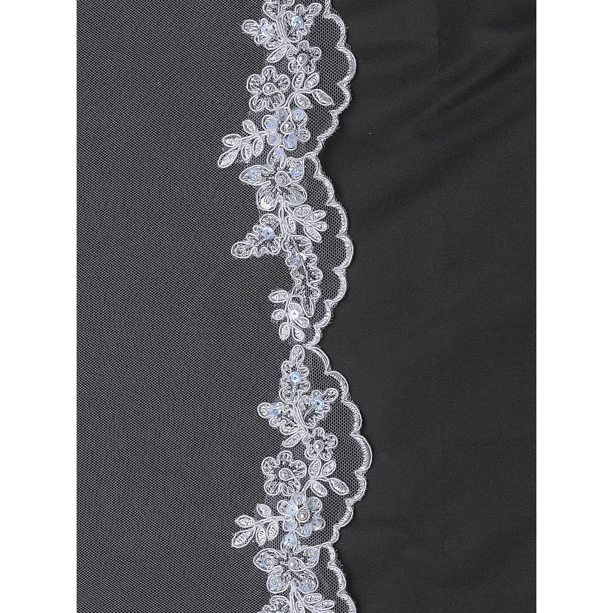 1T 1 Tier Flower Scallop Embroided Lace Pearl Veil - Ivory Fingertip Length 36" V467
