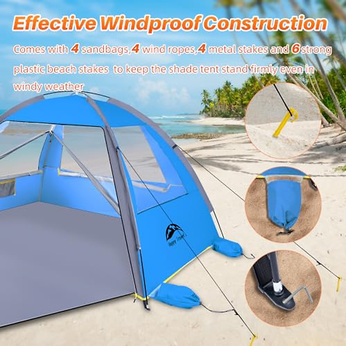 Happy Travel Beach Tent Sun Shelter for 3/4/5/6/7/8 Person, Portable UPF 50+ UV Protection Beach Shade Canopy for Family & Baby, Lightweight & Easy Setup Beach Cabana with 3 Ventilation Mesh Windows