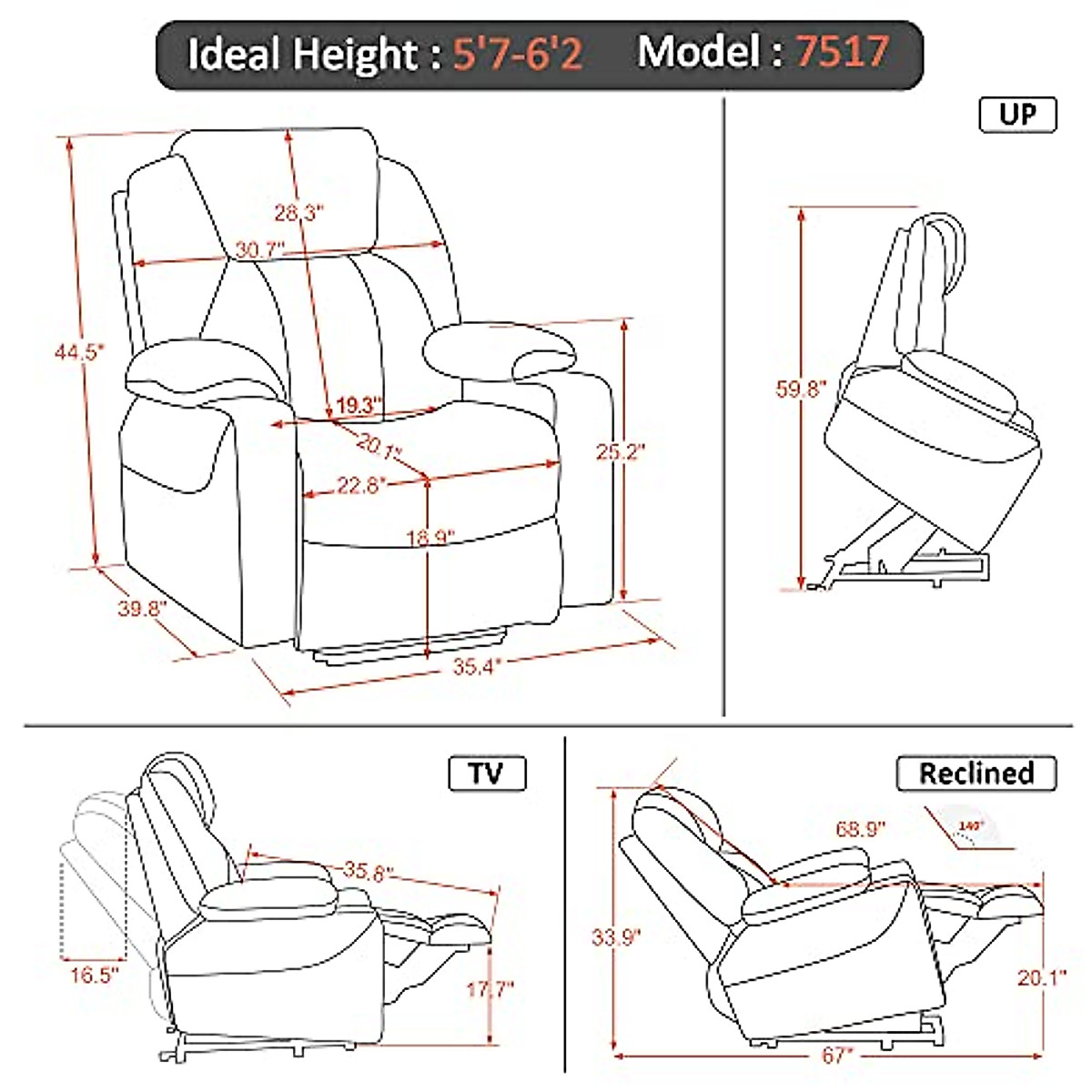 MCombo Large Power Lift Recliner Chair with Massage and Heat for Elderly Big and Tall People, 3 Positions, 2 Side Pockets, and Cup Holders, USB Ports, Faux Leather 7516 (Large, Cream White)