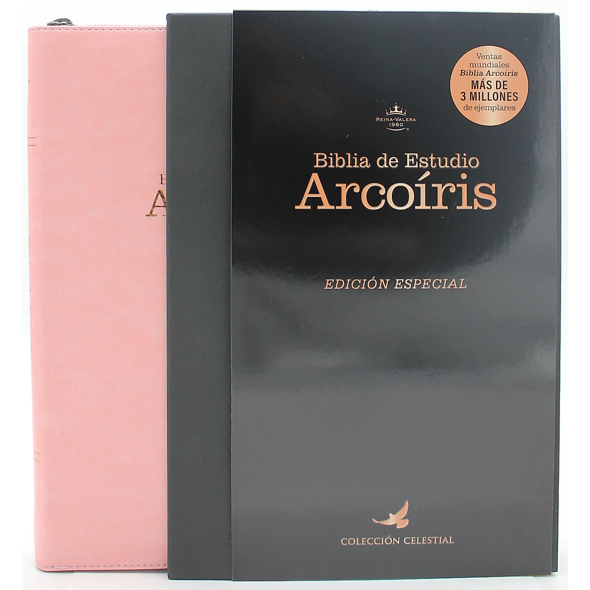 Biblia de Estudio Arco Iris Reina Valera 1960 con cierre, Indice, Color Rosado con cobre y Estuche de lujo negro con cobre para guardar y proteger la Biblia Coleccion Celestial