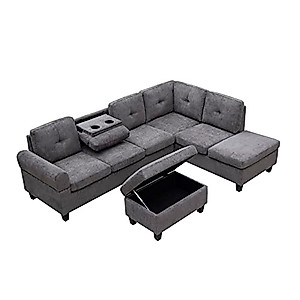 EMKK Modern Sectional Sofa Set Left Right Chaise Lounge & Storage Ottoman Upholstered Corner L Shaped Sofá Living Room Couch w/Cup Holder, Arm Nail for Home/Office, Grey Leftchaise