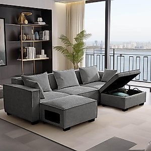 108.7 Inch Convertible U Shape Sectional Sofa, Modern Chenille Fabric, L Shaped 5 Seater Living Room with Chaise, High Support and Soft Foam with Storage and Cat Hole Footstool