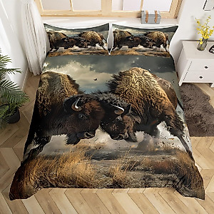 Erosebridal Bison Duvet Cover Set Twin Size Western Wildlife Buffalo Bull Bedding Set 2 Pieces, Boys Teens Comforter Set and 1 Pillow Sham, Dorm Hotel Home Decor Cover Sets, Animals Theme