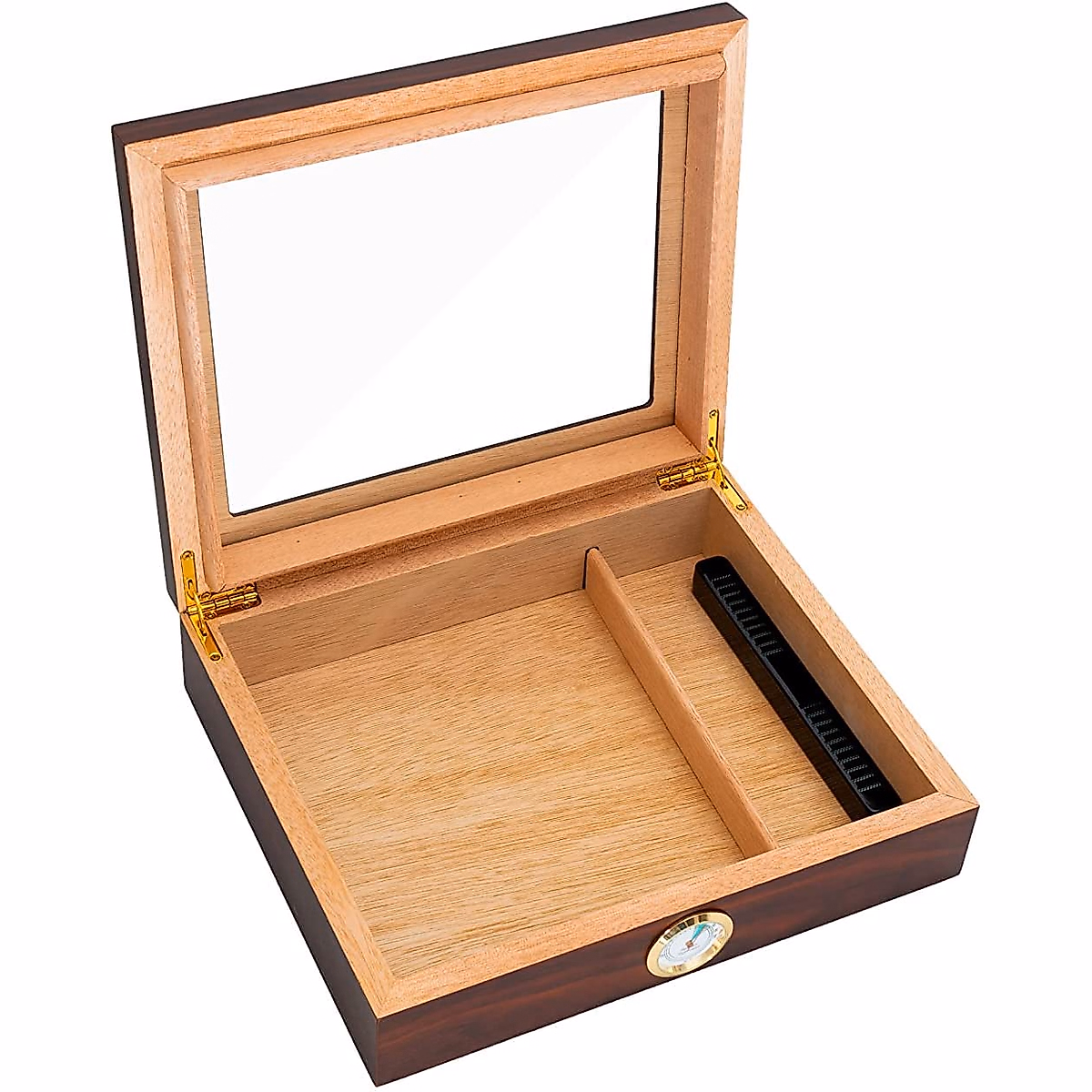 Handmade Humidor up to 25 Corona-Size Cigars, Glass Top Cigar Humidor Box, 100% Spanish Cedar Wood, Luxury Desktop Humidor with Hygrometer and Humidifier, High Gloss Walnut Finish.