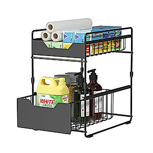 Isharp Spice Rack Kitchen Organizer Cabinet Storage,2-Tier Pull Out Bathroom Storage Under Sink Cabinet Organizers with Sliding Storage Drawer (black)