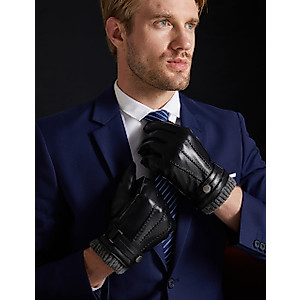 VIKIDEER Super Warm Fur Gloves Mens Leather Gloves Real Rabbit Fur Lined Touchscreen Driving Gloves Black Large