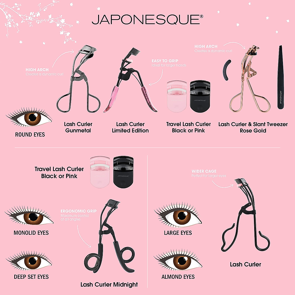 JAPONESQUE Midnight Lash Curler with Natural Arch for Sweeping Volume on Natural or False Lashes, Holds Curl for up to 8 Hours, Includes 1 Refill Pad