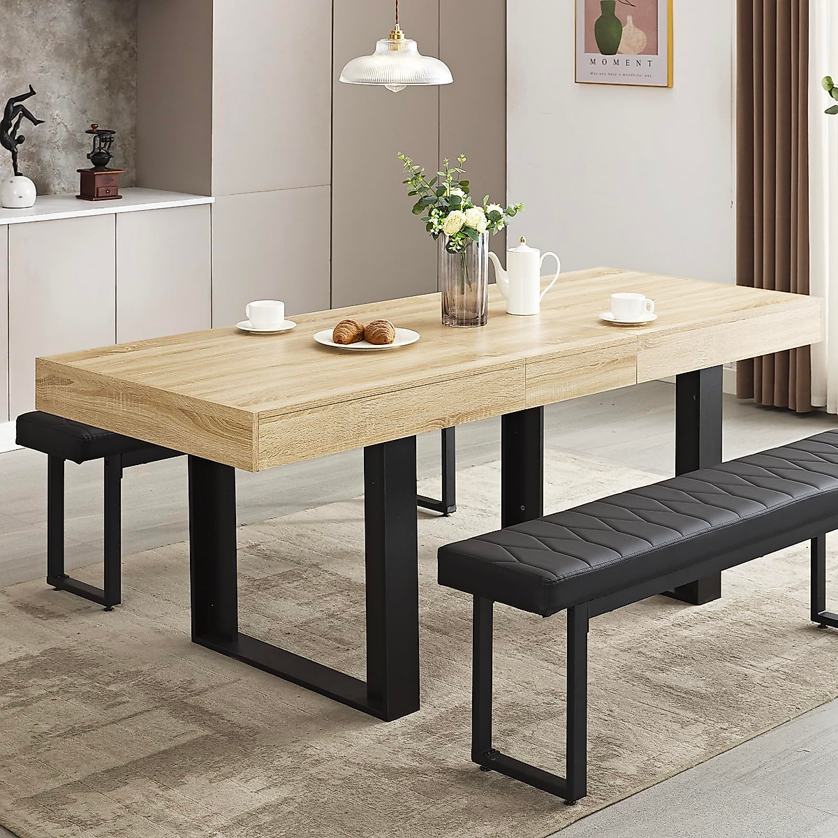 STHOUYN 63”-79” Extendable Dining Room Table for 6 8 10, Modern Farmhouse Wooden Kitchen Expanding Table, Long Large Expandable Dining Room Conference Table (Rustic Oak)