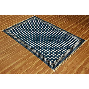 Casavani Hand Block Printed Area Rug Hand Made Geometric Blue Tassel Rug Cotton Easy Washable Rugs Best Uses For Doormat Entryway Kids Room Bedroom Hallway 4x8 6x8 7x7 Feet Square