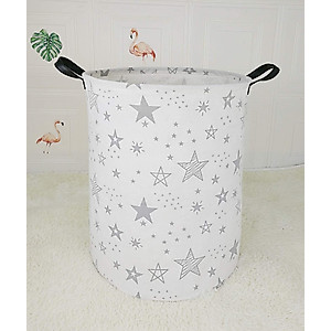 ACMUUNI 19.7" Round Canvas Large Clothes Basket Laundry Hamper with Handles,Waterproof Cotton Storage Organizer Perfect for Kids Boys Girls Toys Room, Bedroom, Nursery,Home,Gift Basket(Grey Star)