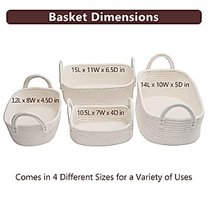 4 Set Wicker Storage Bin Baskets, Multipurpose Cotton Rope Basket Organizers with Study Handles for Baby Nursery, Laundry, Kids Toys & Stationery, Washable & Chemical Free Woven Organizer Bins, White
