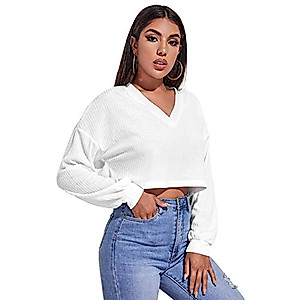 SheIn Women's Pullover Cropped Tshirt Long Sleeve V Neck Casual Crop Tops White X-Large