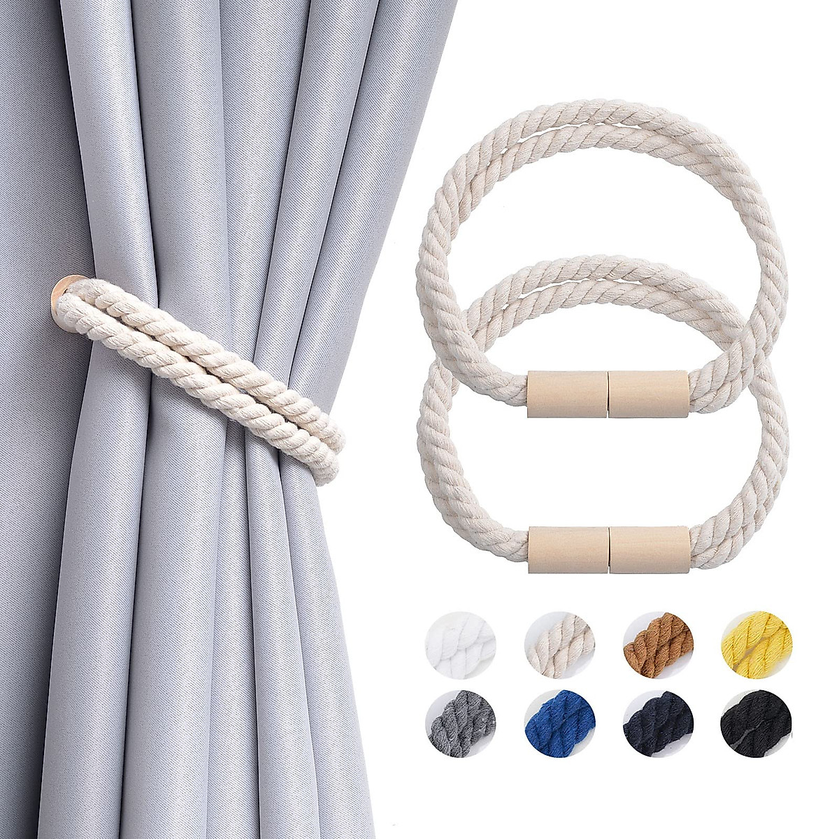 NICEEC 2 Pack Wooden Magnetic Curtain Tiebacks Boho Decoration Drape Tie Backs Natural Cotton Handmade Double Rope Curtain Holdbacks for Thin or Thick Home & Office Window Drapery (New Beige)