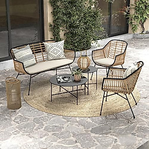 Grand patio 5 Pieces Outdoor Wicker Patio Conversation Set Seating Chair Set with Cushions and Coffee Tables, Boho Wicker Seating Set for Indoor Outdoor, Balcony, Porch, Garden, Deck (Natural)…
