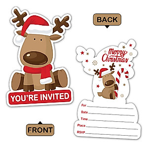 REWIDPARTY Christmas Elk Party Invitation Cards with Envelopes（Set of 15） Merry Christmas Shaped Fill-in Invitations Christmas Party Supplies Decorations Party Celebration Cards for Kids Teens Adults
