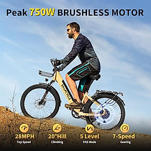 Snapcycle Stinger Electric Bike for Adults, 28 MPH, Peak 750W Brushless Motor, AC 144W Fast Charge, 614Wh EVE Removable Li-ion Battery, 26"×3" Fat Tire Commuter Ebike, 7-Speed Gear