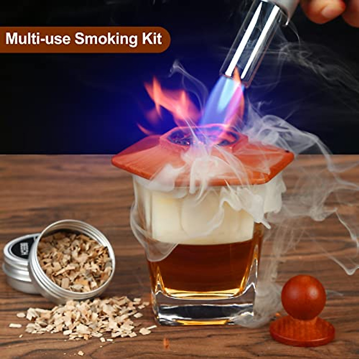 Cocktail Smoker Kit, PESUITOR Old Fashioned Whiskey Smoker Kit with Torch Marble Stones Wood Chips, Drink Smoker Infuser Kit Birthday Bourbon Whiskey Gifts for Men, Dad, Husband Father (No Butane)