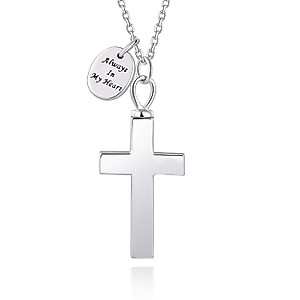 BEILIN S925 Sterling Silver Cross Urn Necklace for Women Men - Keepsake Memorial Cross Cremation Jewelry for Ashes(Always in my heart)