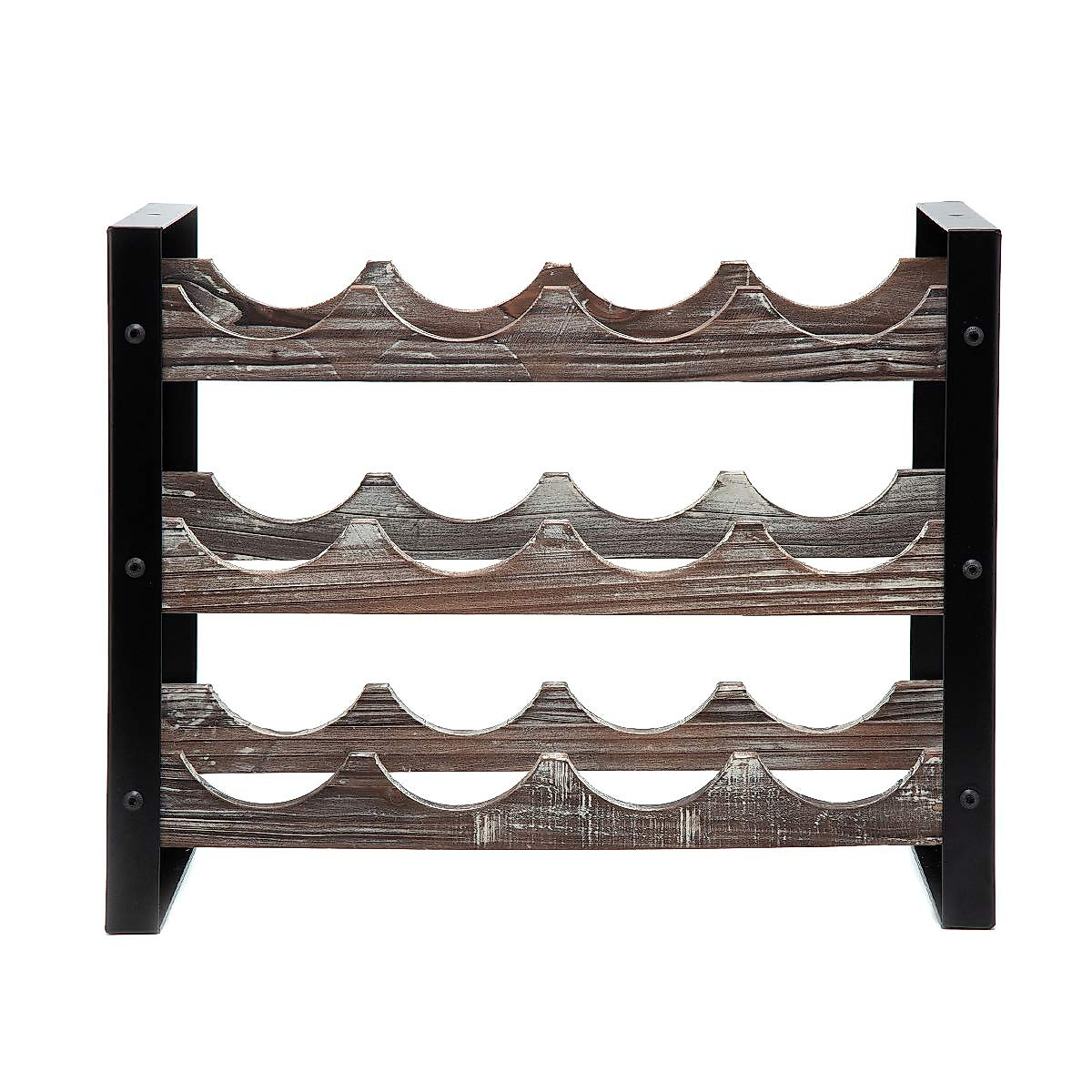 JACKCUBE Design Wine Rack Freestanding Floor 3 Tier Stackable 12 Wine Bottle Holder Storage Racks Countertop, Liquor Shelf Stand (Rustic Wood and Black Metal Frame)- MK521A