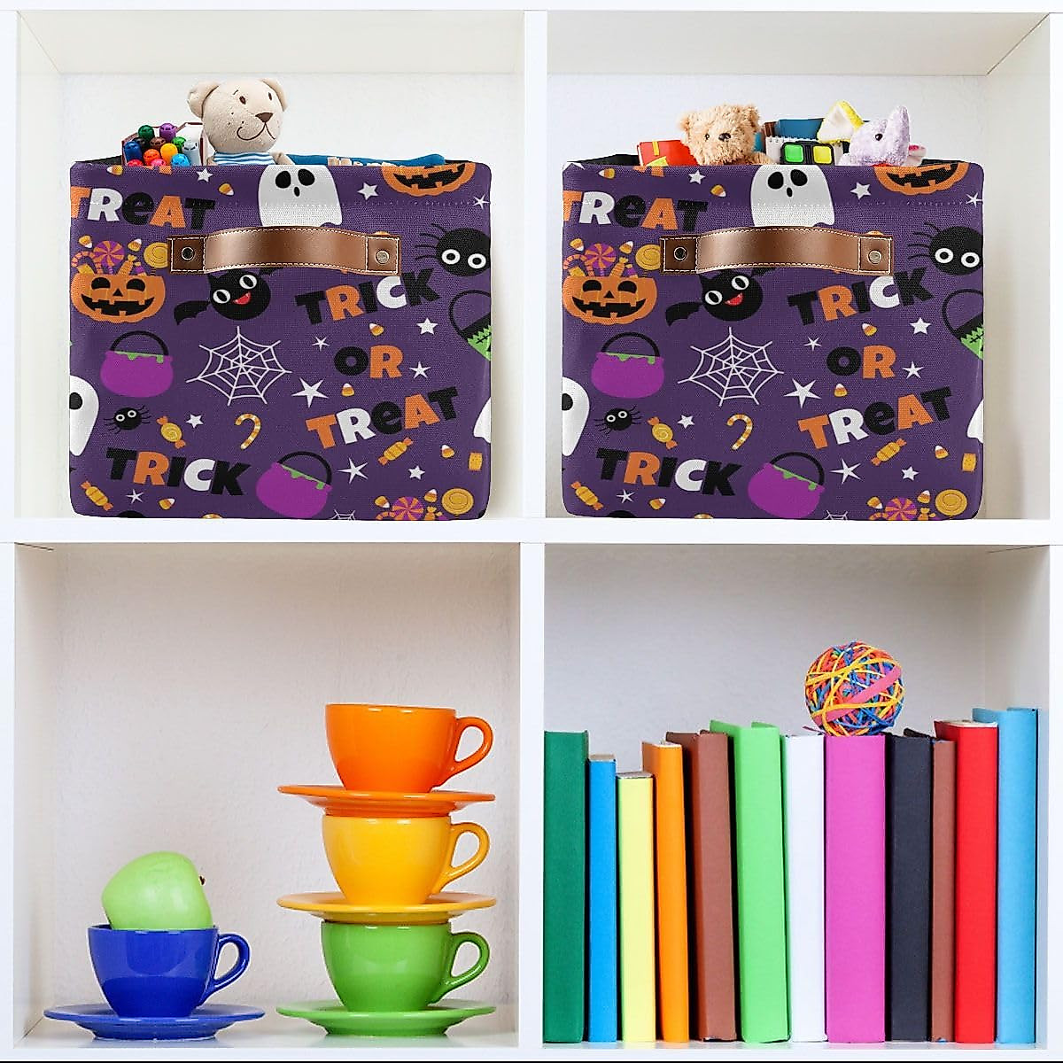 Happy Halloween Purple Storage Basket Fabric Kitchen Baskets Pumpkin Skull Ghost Bat Trick or Treat Open Home Storage Bins Boxes Foldable for Candy Toy Decorations Baskets 16×12×8 Inches