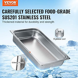 VEVOR 6 Pack Hotel Pans, Full Size Anti-Jam Steam Pan, 0.8mm Thick Stainless Steel Restaurant Steam Table Pan, 4-Inch Deep Commercial Table Pan, Catering Storage Food Pan, for Industrial & Scientific