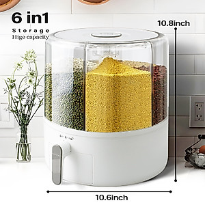 Slow Slog 16lb Grain and Rice Storage Container, 6 Grid Grain Dispenser, 360° Rotating Food Dispenser, Airtight Storage, Rice Dispenser, Upgrade 6 Compartment Rotating Rice Dispenser Storage Container