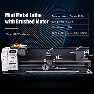 CO-Z 8.7"x29.5" Mini Metal Lathe with 1100W Brushed Motor 5 Turning Tools, Benchtop Metal Lathe with LCD Display 2250rpm Max Variable Speed for Home Machinists Workshop DIY Metalworking Crafts