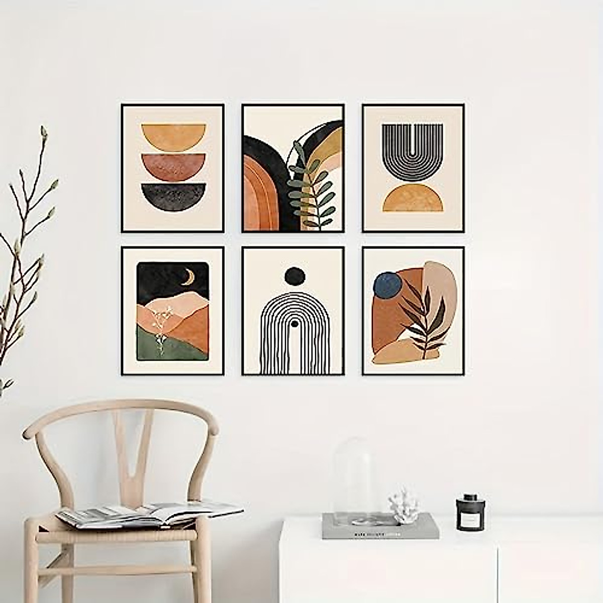 6pcs Frameless Abstract Geometric Canvas Painting Boho Mid-Century Modern Wall Art Minimalist Wall Art Black Beige Neutral Abstract Geometric Print Room Poster Suitable For Living Room Bathroom