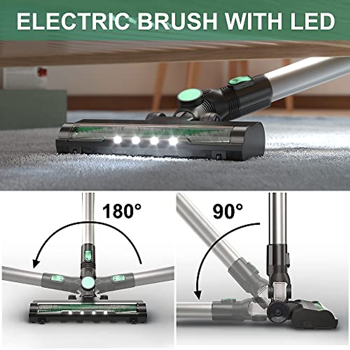 PRETTYCARE Cordless Vacuum Cleaner, 180W Powerful Suction Stick Vacuum with 35min Long Runtime Detachable Battery, 6 in 1 Lightweight Quiet Vacuum Cleaner Perfect for Hardwood Floor Pet Hair, Green