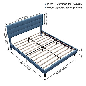 MegaChunk Queen Size Upholstered Platform Bed with Adjustable Linen Headboard and RGB Lights - Sturdy Bed Slats System, No Box Spring Needed - Blue