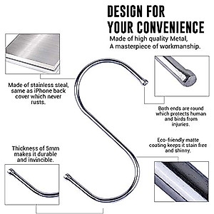 WHITECLOUDZ 30 Pack S Hooks for Hanging Plants, Stainless Steel S Hooks Heavy Duty for Hanging Clothes, Durable Large S Shaped Closet Hooks for Kitchen