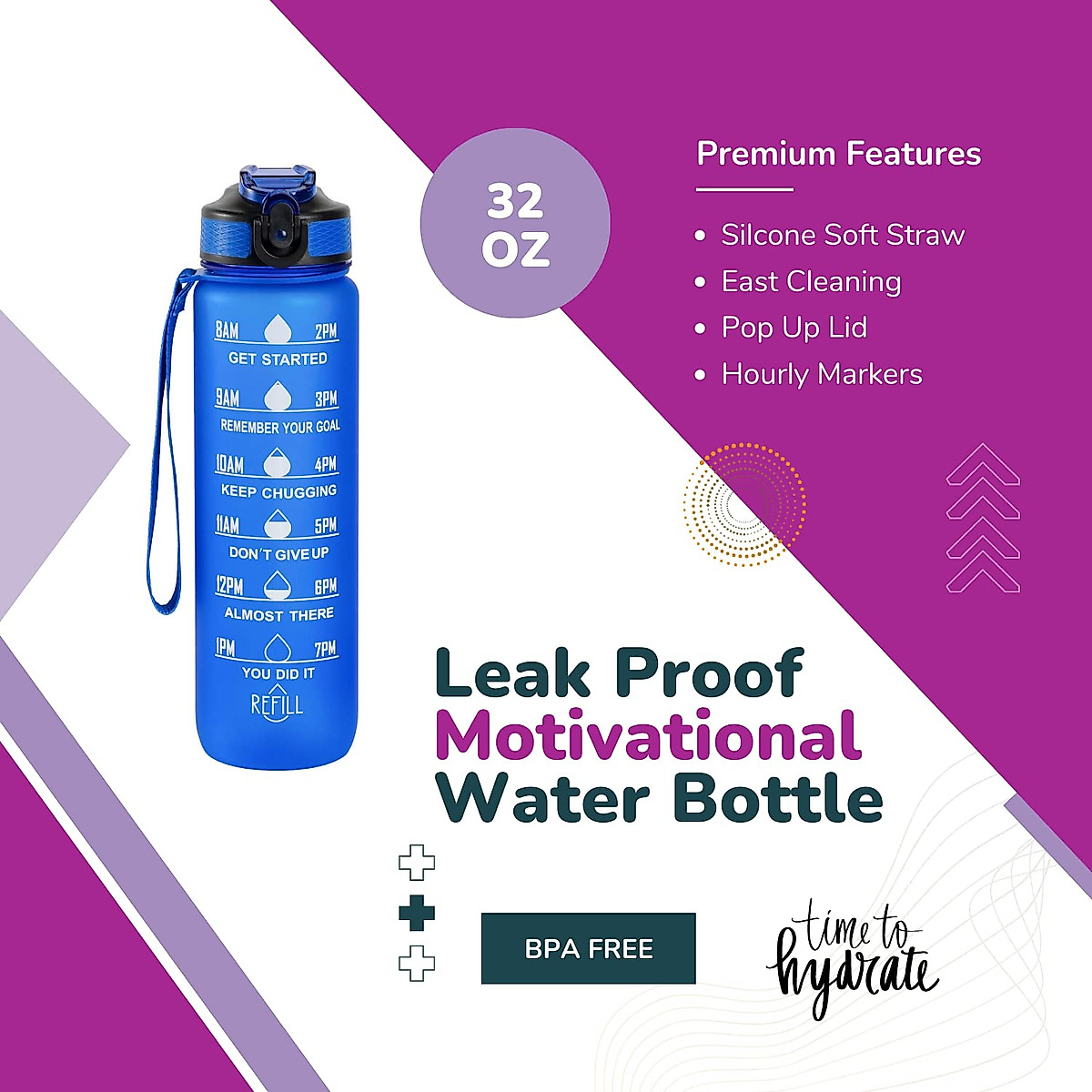 32 oz Water Bottle with Times to Drink and Straw. With clearly marked times to drink throughout the day and a convenient straw for spill-proof sipping, track your water intake and stay hydrated.