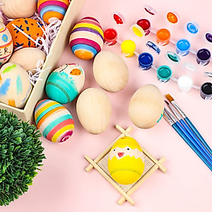 Fovths Elcoho 15 Packs Unfinished Wooden Easter Eggs Unpainted Easter Eggs Toys Mini DIY Fake Art Craft Eggs with Brushes and Paints for Easter Decorating Party Supplies, Natural