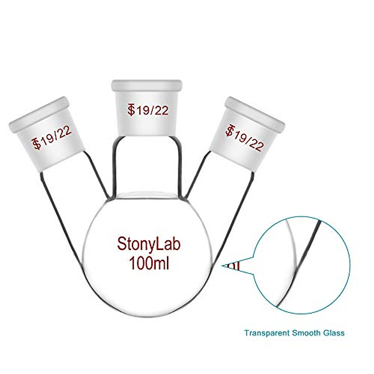 stonylab Glass 100 mL Heavy Wall 3 Neck Round Bottom Flask RBF, with 19/22 Center and Side Standard Taper Outer Joint, 100 mL