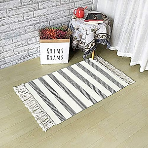 Boho Bathroom Rug 2X3 ft LEEVAN Geometric Cotton Striped Rug with Tassel Door Mat Cotton Line Indoor Floor Mat Bohemian Hand Woven Chic Printed Bedside Rugs for Kitchen Living Room