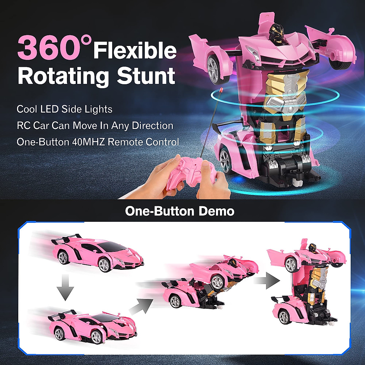 JOYOFUN Remote Control Car Hobby RC Transformer Cars Robot Toy High Speed Transforming 2.4Ghz 1:18 Scale 360° Rotating Drift for Girl Kid Teen Boy - Pink