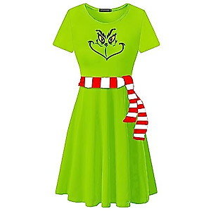 Womens Christmas Green Monster Dress Halloween Grinch Costume Dresses Fancy Flare Dress XL