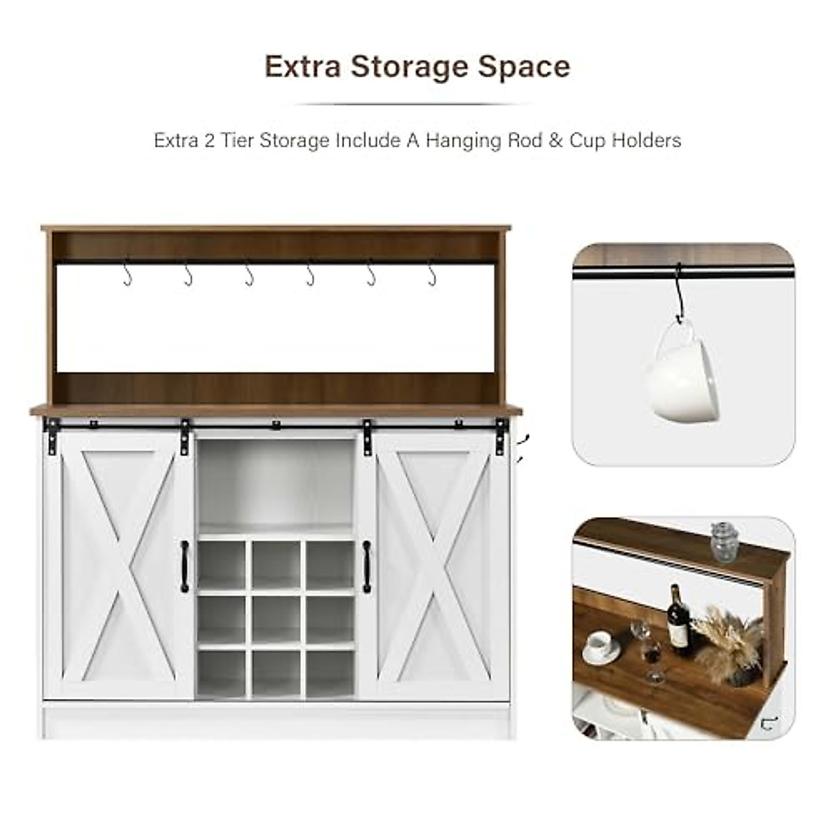 Farmhouse Coffee Bar Cabinet, 47'' Coffee Bar Station with 6 Hooks, Kitchen Coffee Bar with Hutch & 9 Wine Racks, Coffee Bars for Dining Room, White