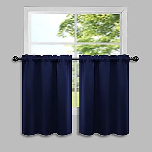 Navy Blue Short Curtains for Kitchen Pack 2 Panels Rod Pocket Thermal Insulated Room Darkening Light Cold Blocking Blackout Bathroom Curtains Window for RV Small Boys Bedroom Dark Blue, 34 X 24