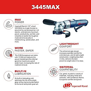 Ingersoll Rand 3445MAX Air Angle Grinder/Cutoff Tool, 4.5" Wheel, 12,000 rpm, 0.88 hp, 5/8"-11 Thread, Rear Exhaust