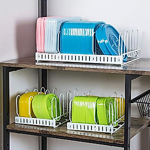 Double-side Expandable Food Container Lid Organizer,Super Large Capacity Adjustable 12 Dividers Detachable Lid Organizer Rack for Countertop,Cabinets, Cupboards, Pantry Shelves, Drawers(White)