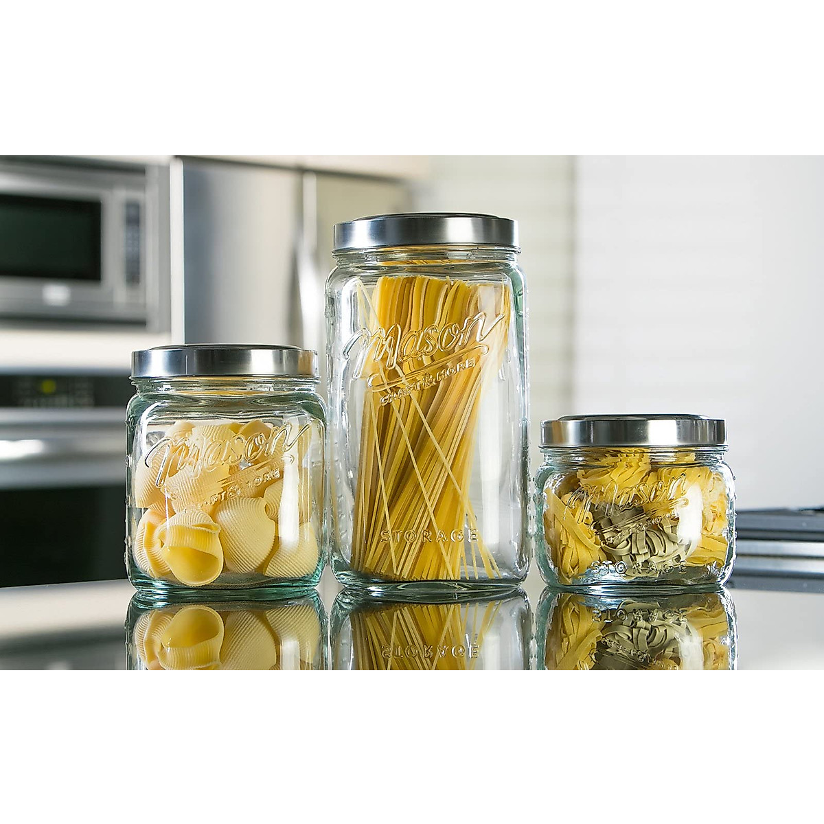 Mason Craft & More Airtight Kitchen Food Storage Clear Glass Pop Up Lid Canister, 3 Piece Pop Up Graduated Canister Set (1.6L, 2.75L, and 4.6L)