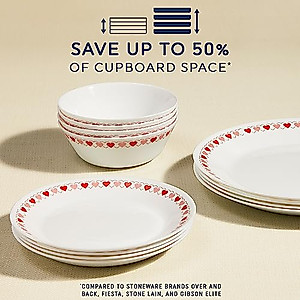 Corelle MilkGlass 12-Pc Dinnerware Set, Service for 4, Durable and Eco-Friendly, Higher Rim Glass Plate & Bowl Set, Microwave and Dishwasher Safe, Hearts