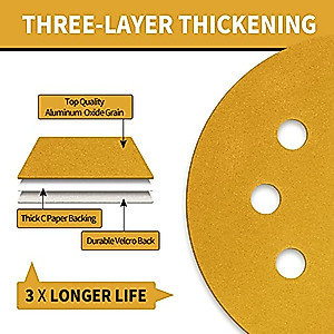 Keeimp 100 Pcs 5 Inch Sanding Discs Hook and Loop, 220 Grit Sandpaper for Woodworking or Automotive, 8 Hole Gold Premium Dustless Random Orbit Sandpaper
