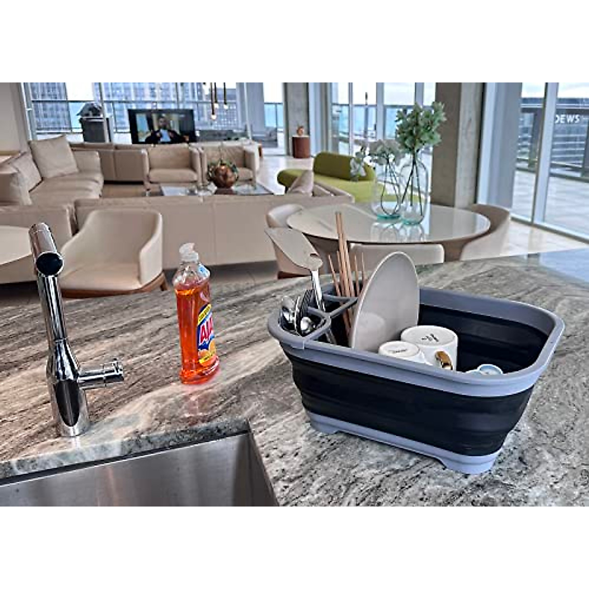 SAMMART 15L (3.96 Gallons) Collapsible Plastic Dish Drainer - Foldable Drying Rack - Portable Dinnerware Organizer - Space Saving Storage Tray for Kitchen, Camping (Grey/Black)