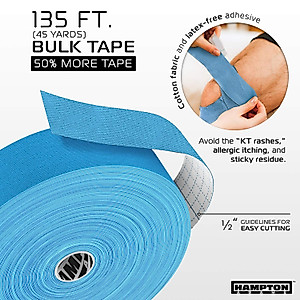 (135 Feet) Bulk Kinesiology Tape Waterproof Roll Sports Therapy Support for Knee, Muscle, Wrist, Shoulder, Back / Original Uncut Premium Therapeutic Elastic & Hypoallergenic Cotton - (Blue)