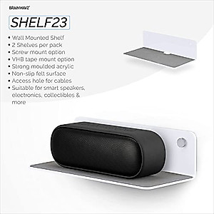 BRAINWAVZ 2-Pack 9” Floating Shelf Bluetooth Speaker Stand, Adhesive & Screw Wall Mount, Anti Slip, for Cameras, Baby Monitors, Webcam, Router, Wide Universal Holder Shelves (SHELF23 White)
